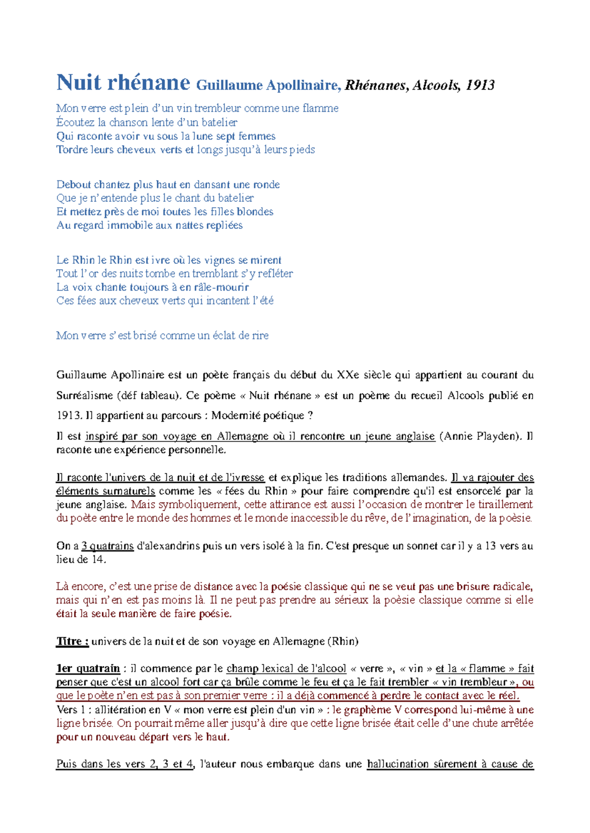 Analyse linéaire de "Nuit rhénane" par Apollinaire (Alcools, 1913) - Studocu