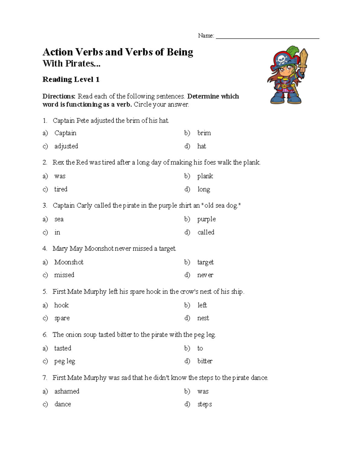 Action Verbs and Verbs of Being Worksheet - Reading Level 01 - Studocu