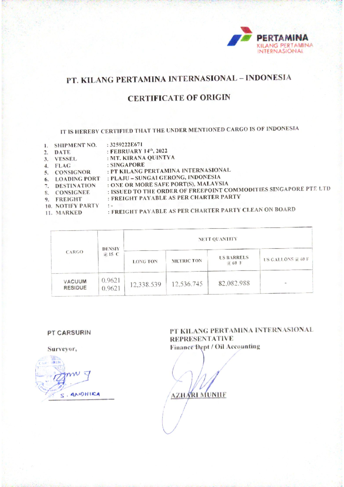COO - Certificate of Origin for MT. Kirana Quintya Shipment - Studocu