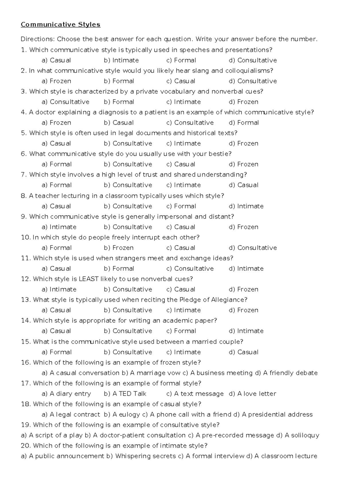 Communicative Styles - Quiz Worksheet - Studocu