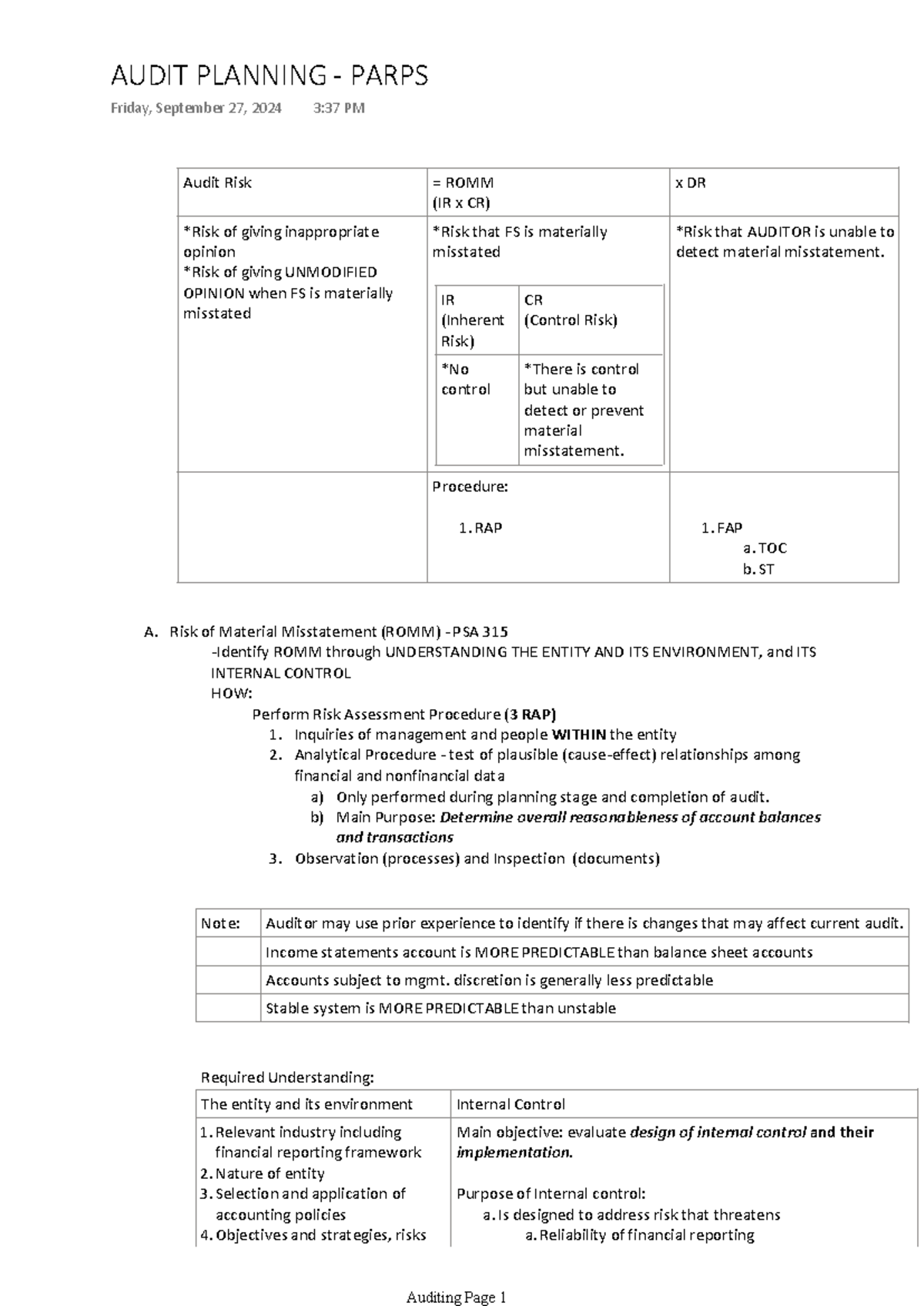 Audit Planning - Internal Control Components & Risk Assessment (PSA ...