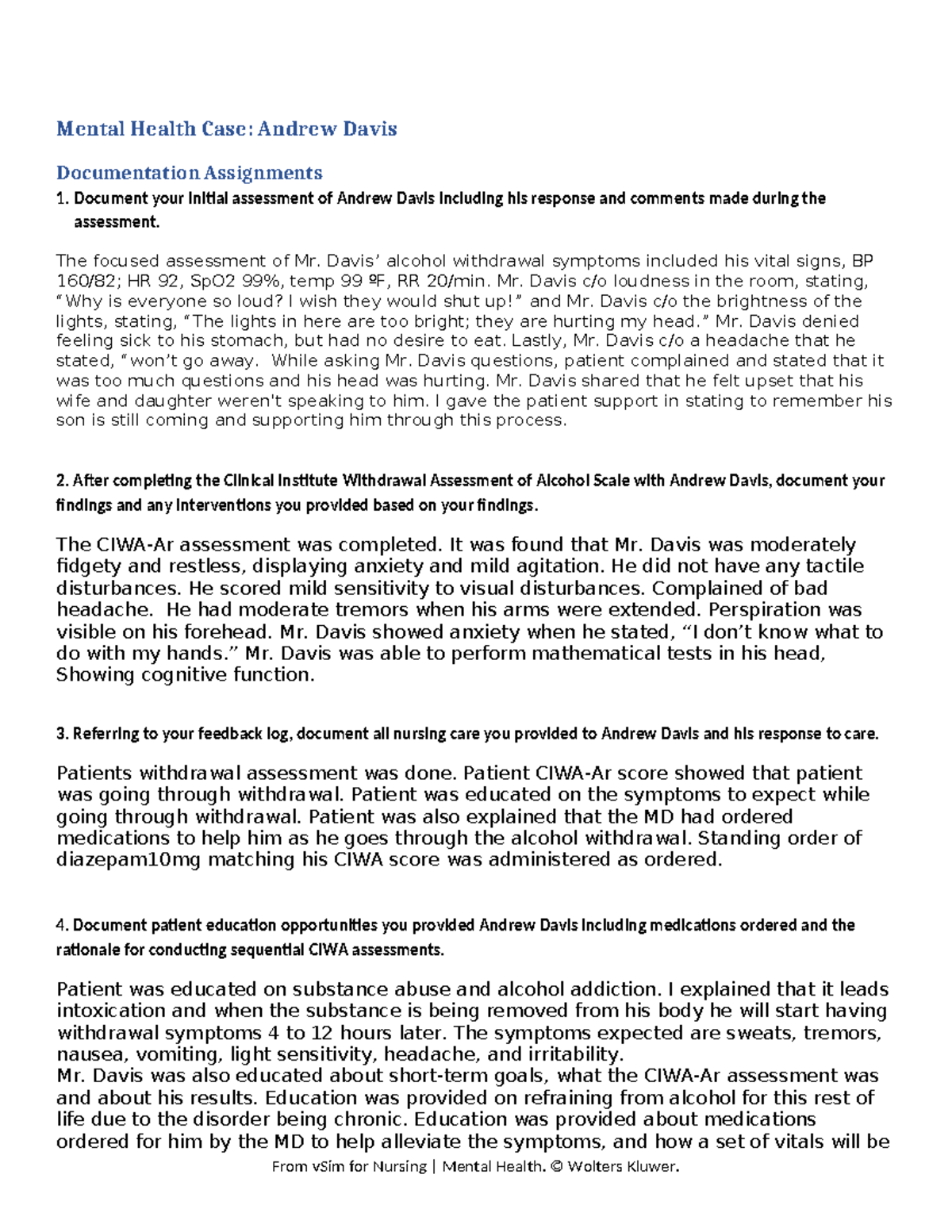 Mental Health Case Study: Andrew Davis (DA) - Withdrawal Assessment ...