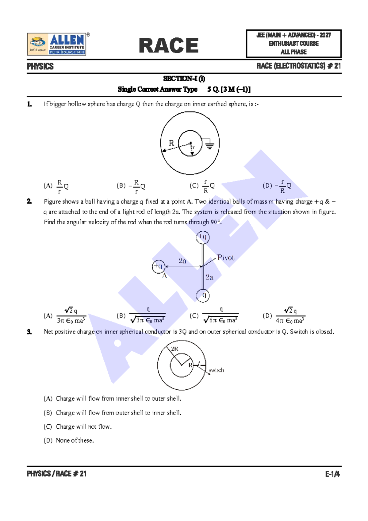RACE (ELECTROSTATICS) JEE (MAIN ADVANCED) 2027 ENTHUSIAST COURSE Notes ...