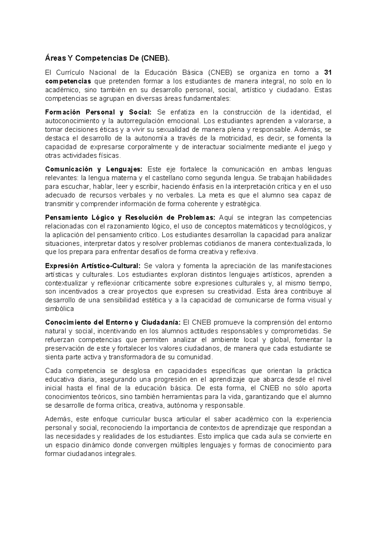 Áreas y Competencias del Currículo Nacional de Educación Básica (CNEB ...