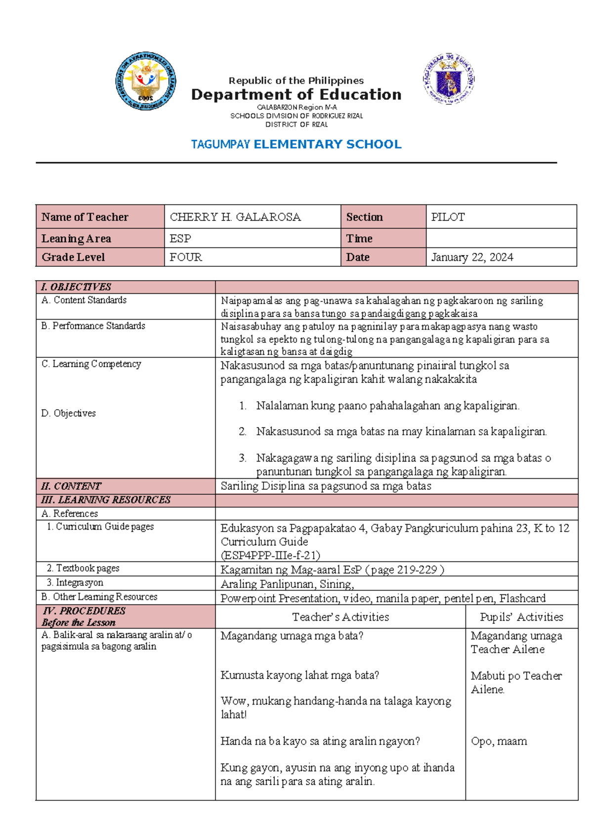 2nd CO ESP 4 1 - Comprehensive Lesson Plan on Environmental Discipline ...