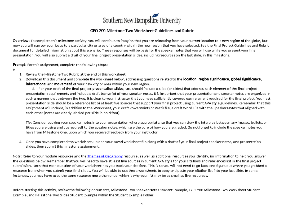 GEO 200 Milestone Two: Worksheet Guidelines & Rubric for Relocation ...