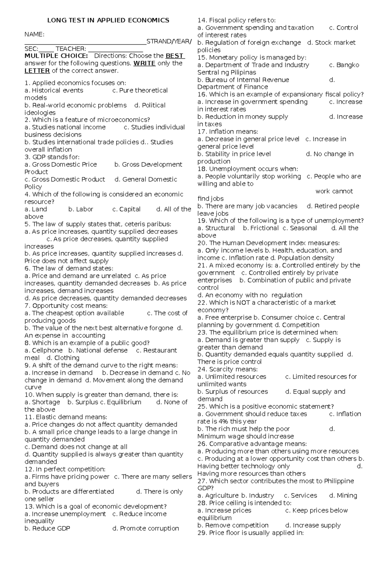 Applied ECO 14: Long Test on Fiscal & Monetary Policies - Studocu