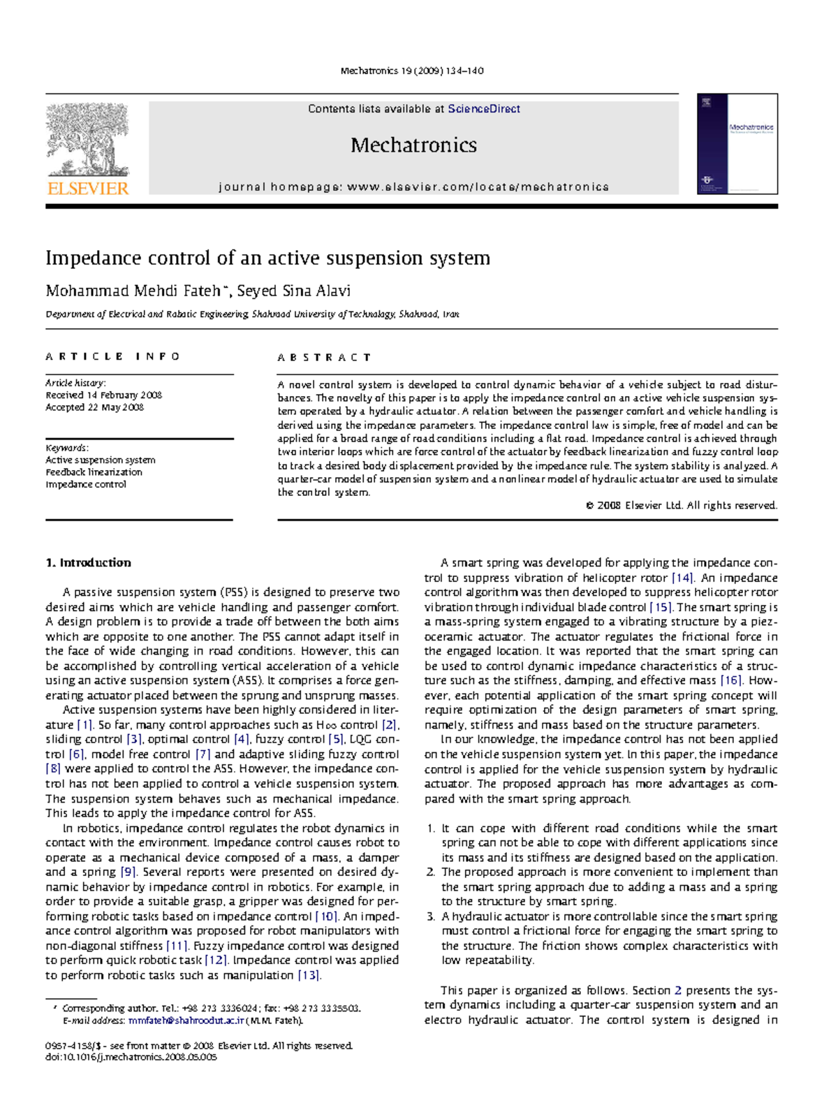 Impedance Control of Active Suspension System in Mechatronics 19 (2009 ...