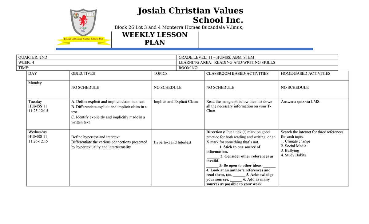 WEEK 4 Reading AND Writing - DAY OBJECTIVES TOPICS CLASSROOM BASED ...
