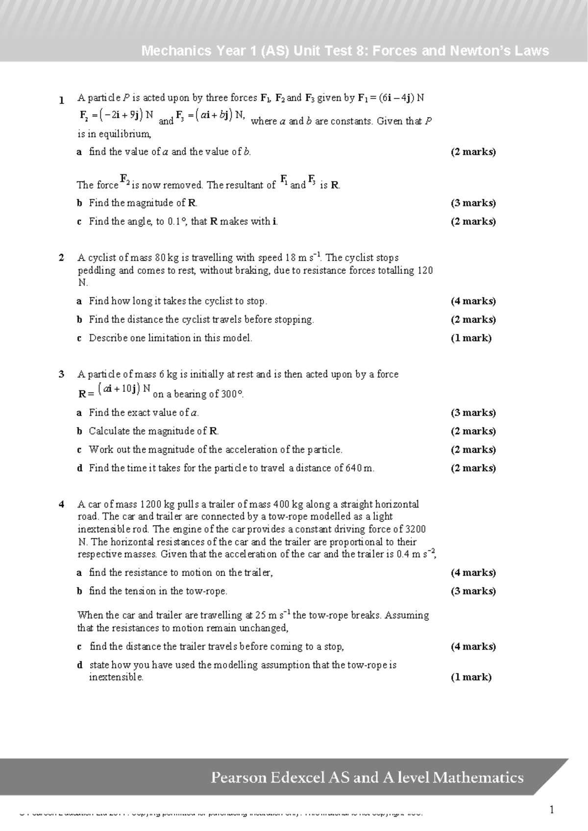 507803915: Mechanics Year 1 Unit Test 8 - Forces & Newton's Laws - Studocu