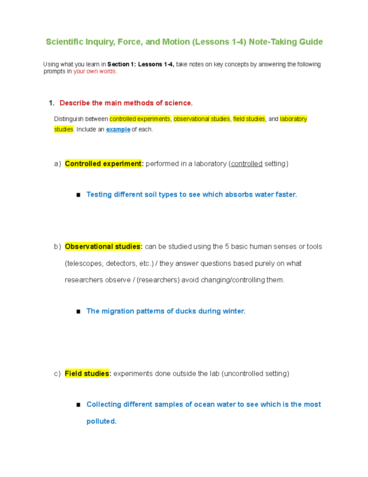 A. Section 1 Scientific Inquiry, Force and Motion (Lessons 1-4 ...