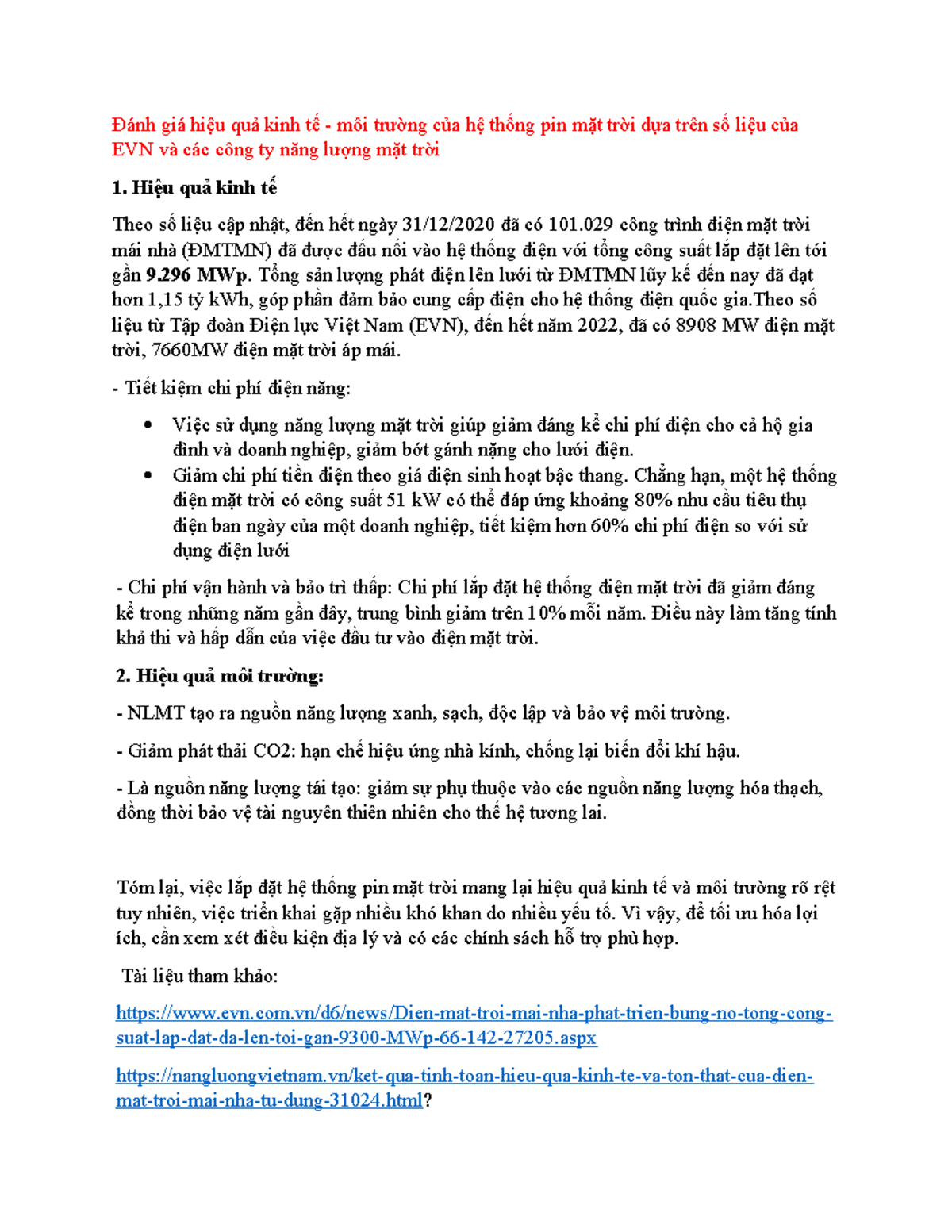 Đánh giá hiệu quả kinh tế và môi trường của hệ thống pin mặt trời (KHVB ...
