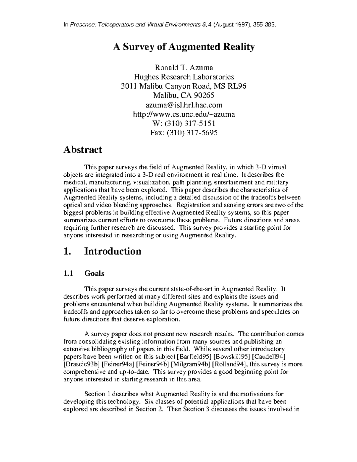 Azuma A survey of Augmented Reality Azuma - In Presence: Teleoperators ...