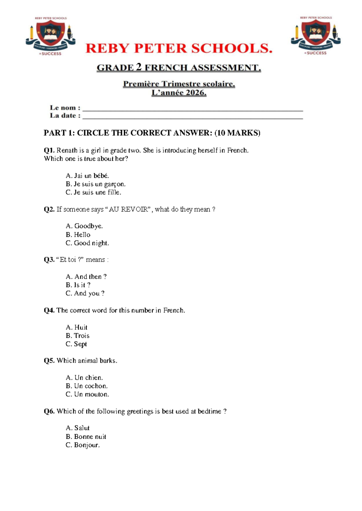 Grade 2 French Final Exam: Circle the Correct Answer (10 Marks) - Studocu