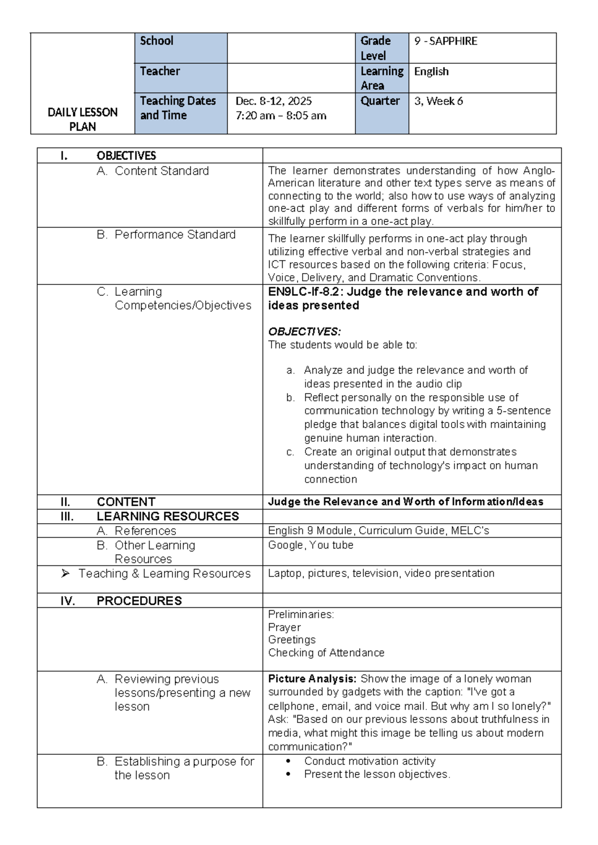 Lesson Plan: English 9 - Quarter 3, Week 6 - Judging Relevance - Studocu