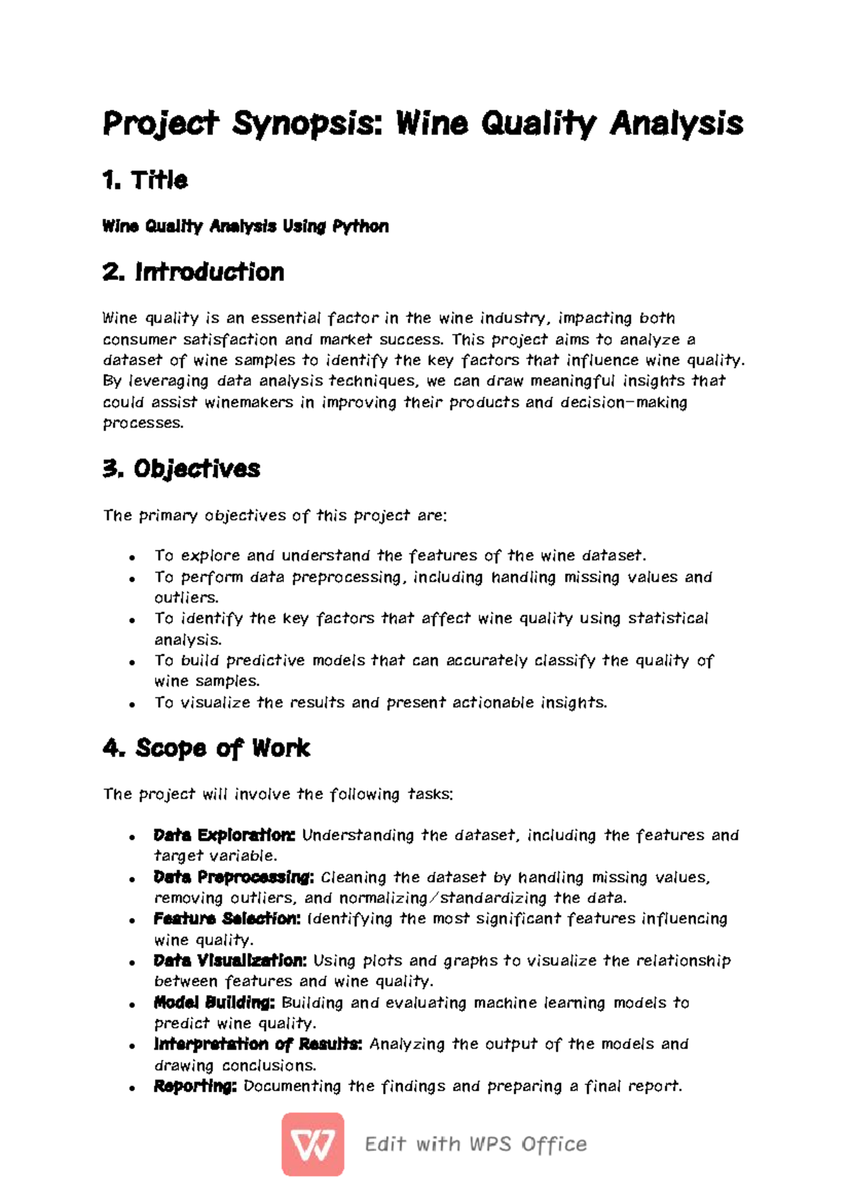 Wine Quality Analysis Project Synopsis (Course Code: WQA101) - Studocu