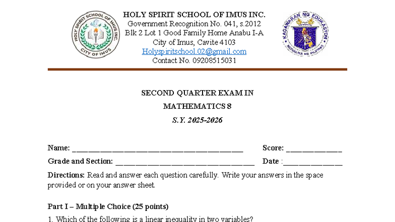 Mathematics 8 Second Quarter Exam Sample Test Questions - Studocu