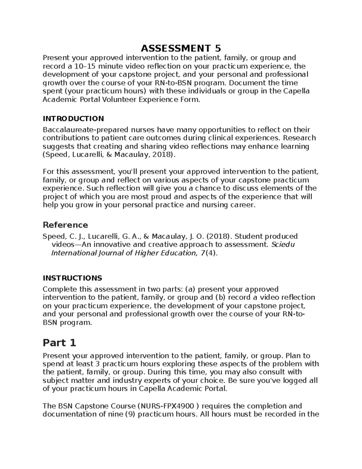 Assessment 5: RN-to-BSN Capstone Video Reflection & Intervention Presentation - Studocu