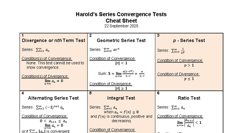 Series Convergence Tests Cheat Sheet (MATH 101) - Studocu