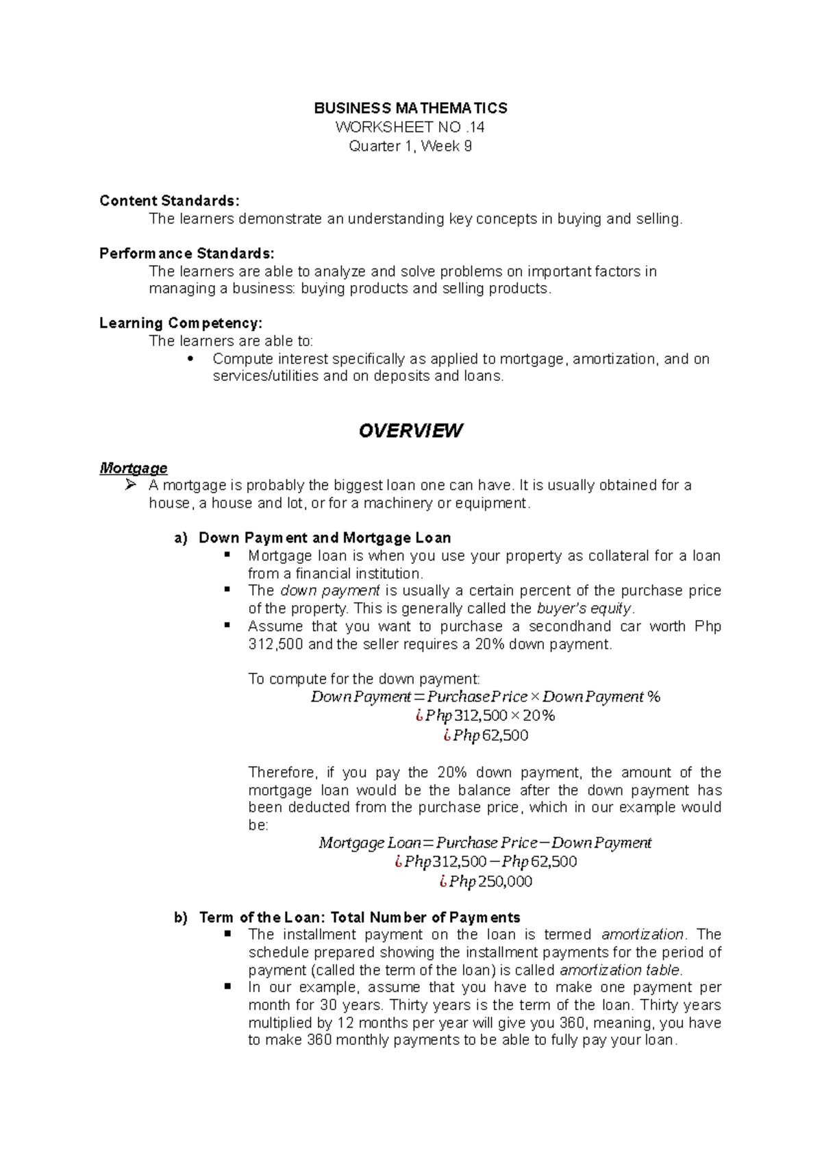 BUSINESS MATHEMATICS WORKSHEET NO. 14: Mortgage & Amortization Guide ...