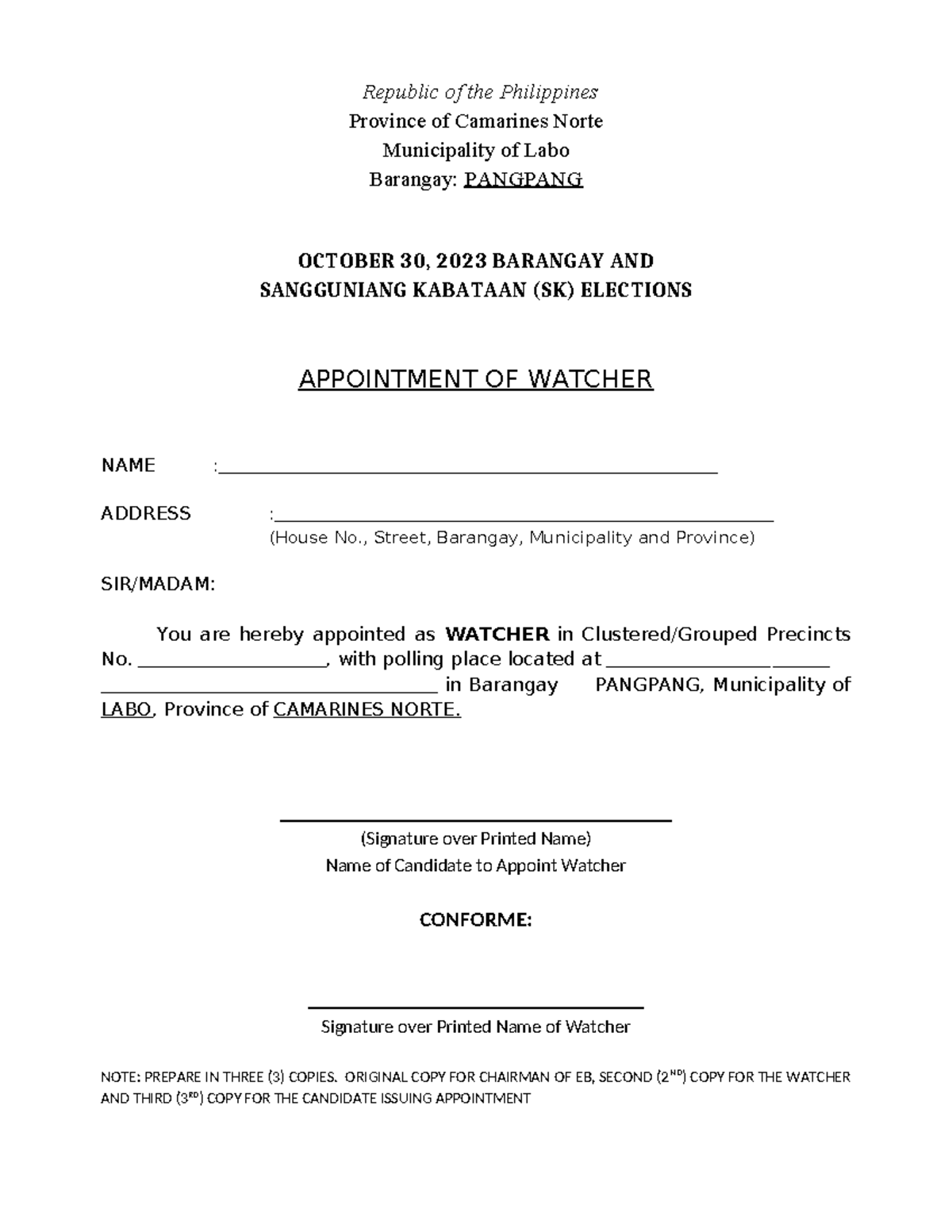 Appointment of Watcher for Barangay & SK Elections - Oct 30, 2023 - Studocu