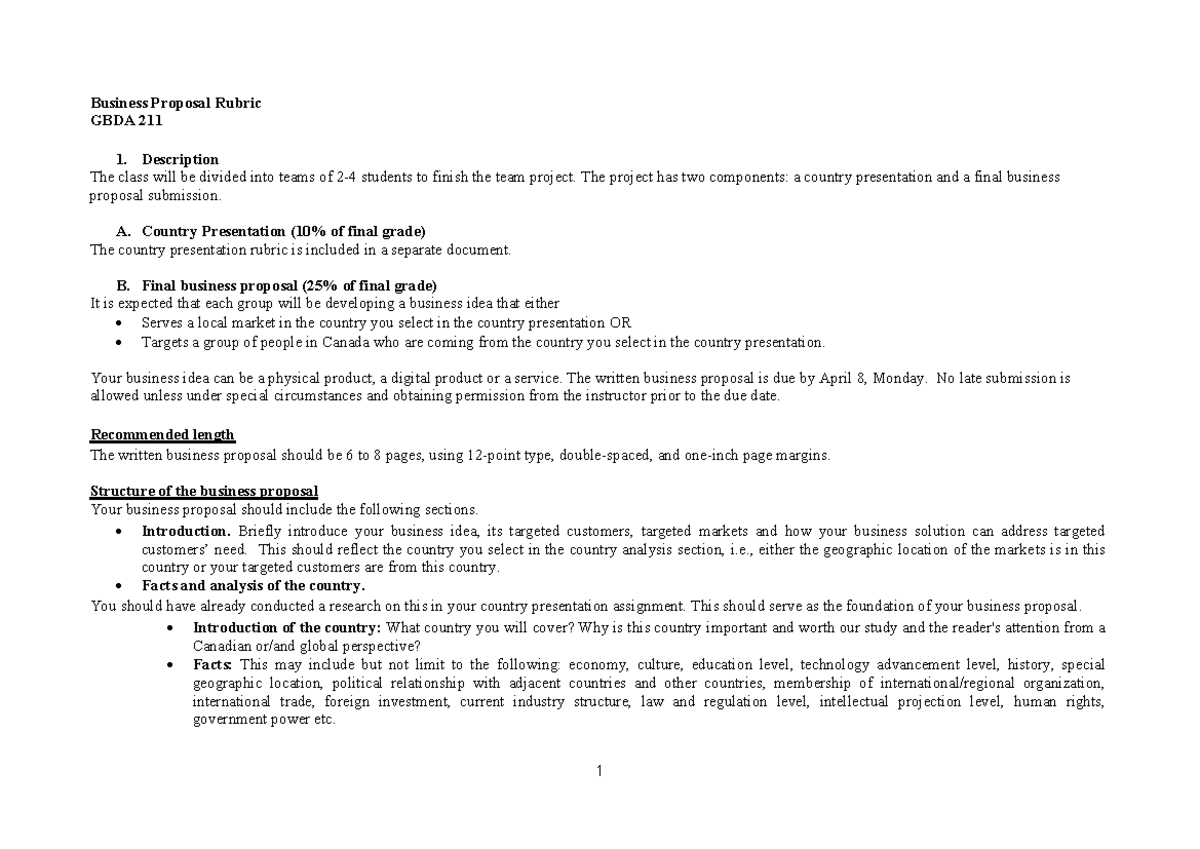 Business Proposal Guidelines for GBDA 211 Team Project - Studocu
