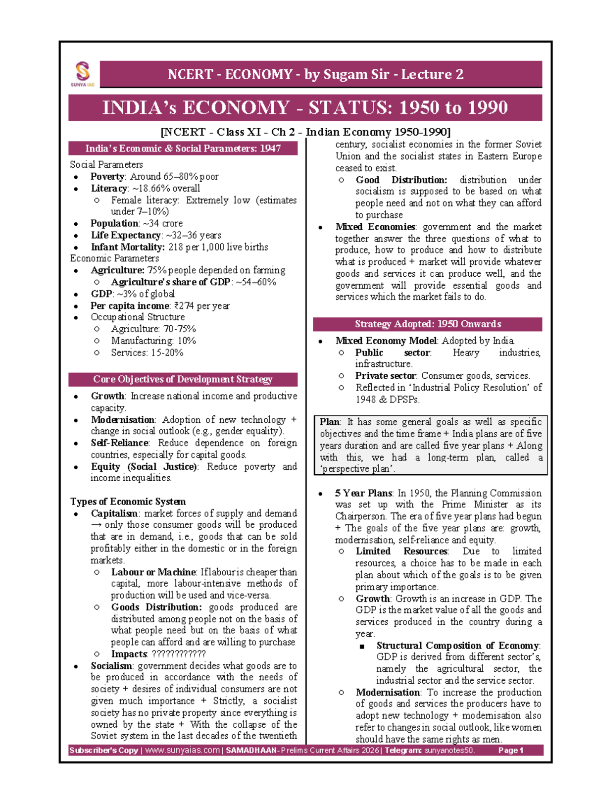 NCERT ECONOMY Class XI Lecture 2: Economic Status 1950-1990 - Studocu