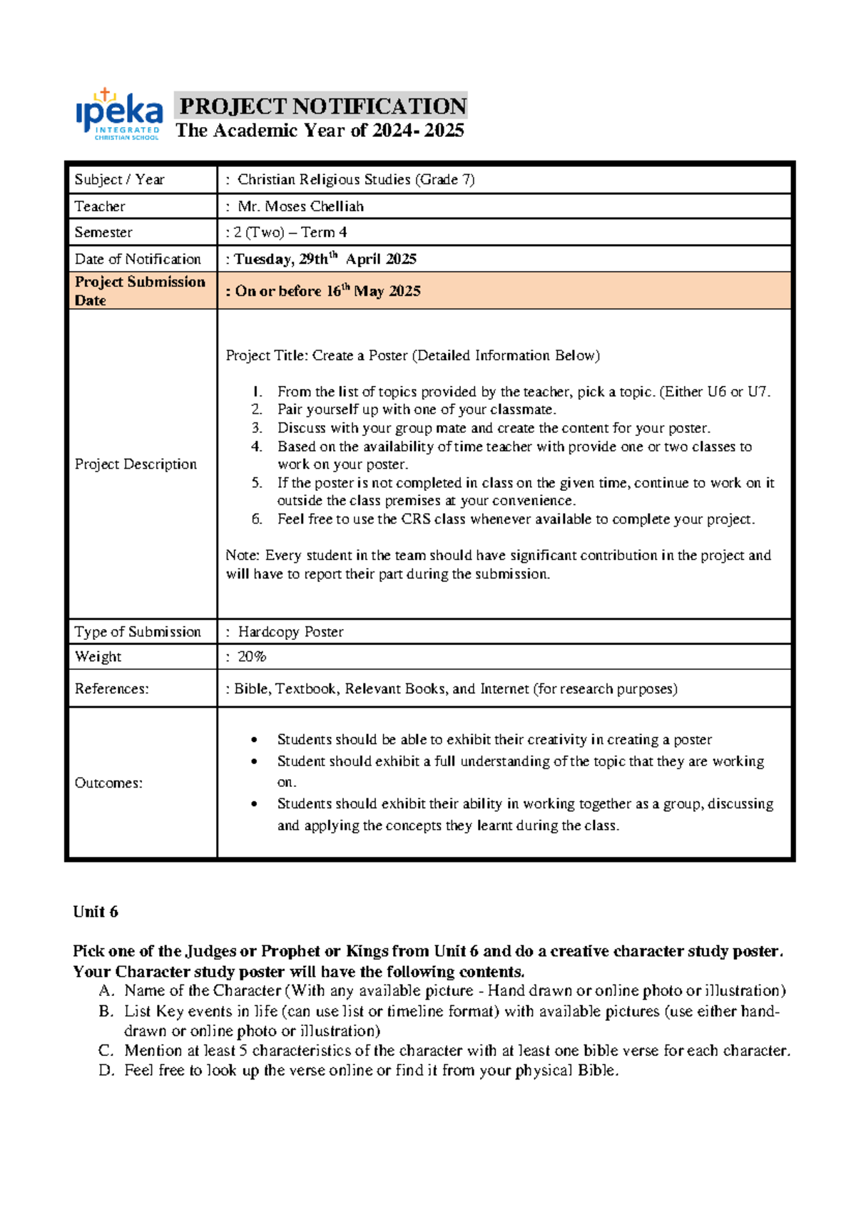 Grade 7 CRS Project Notification: Create a Poster for Units 6 & 7 - Studocu