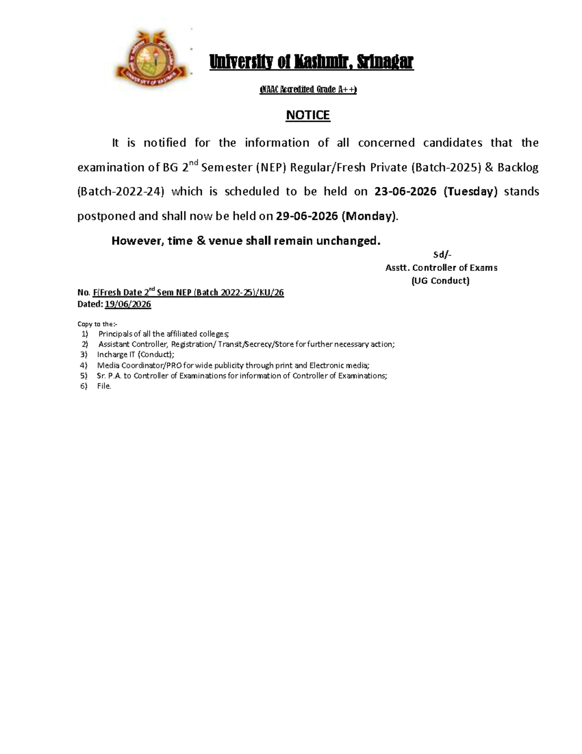 Notice: BG 2nd Semester (NEP) Exam Postponement Update - Studocu