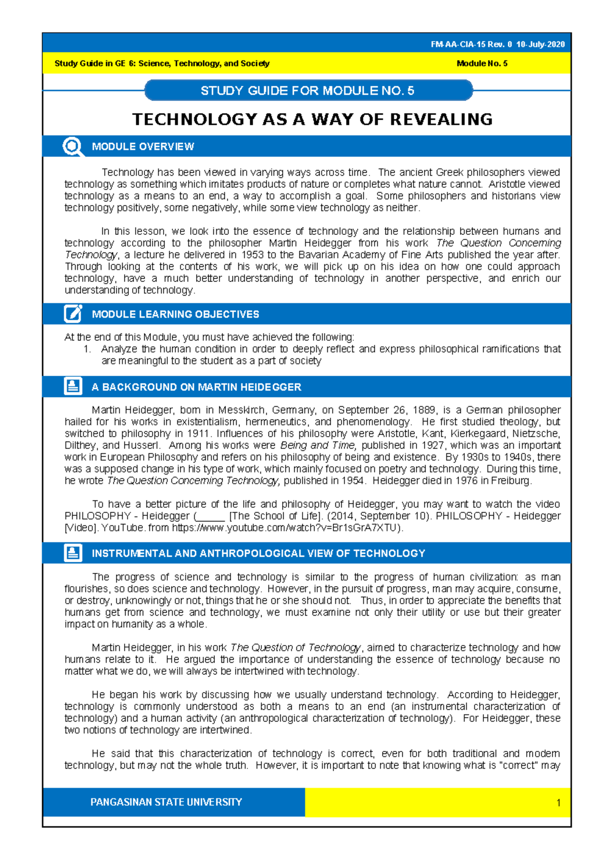 SG 5 Study Guide: Technology as a Way of Revealing in GE 6 - Studocu