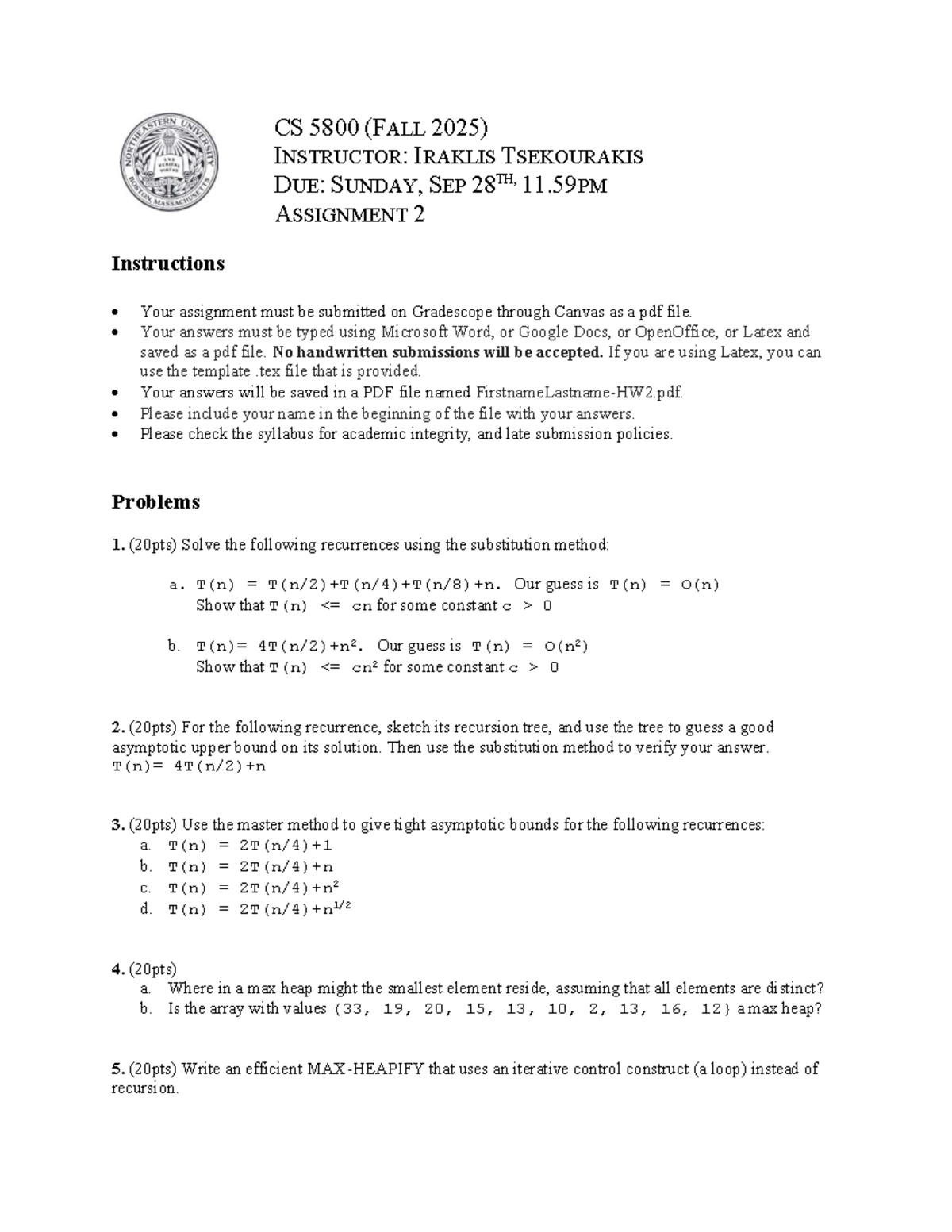 CS 5800 Fall 2025 Assignment 2: Recurrences and Heaps - Studocu