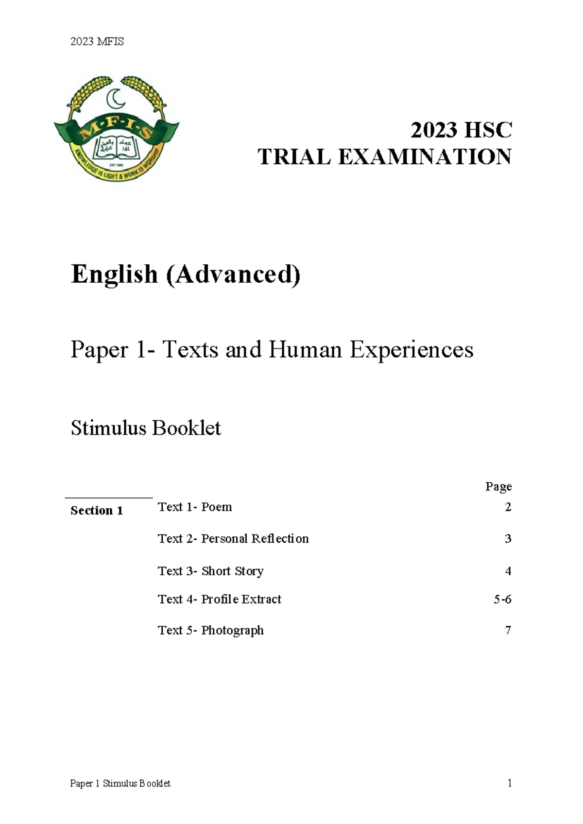 2023 HSC English Advanced Trial Exam Stimulus Booklet - Studocu