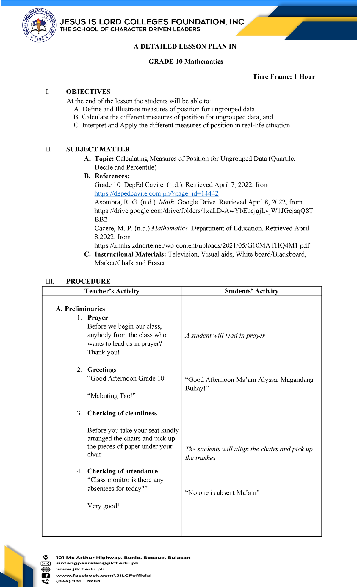 Final Exam Lesson Plan: Measures of Position - Grade 10 Math - Studocu