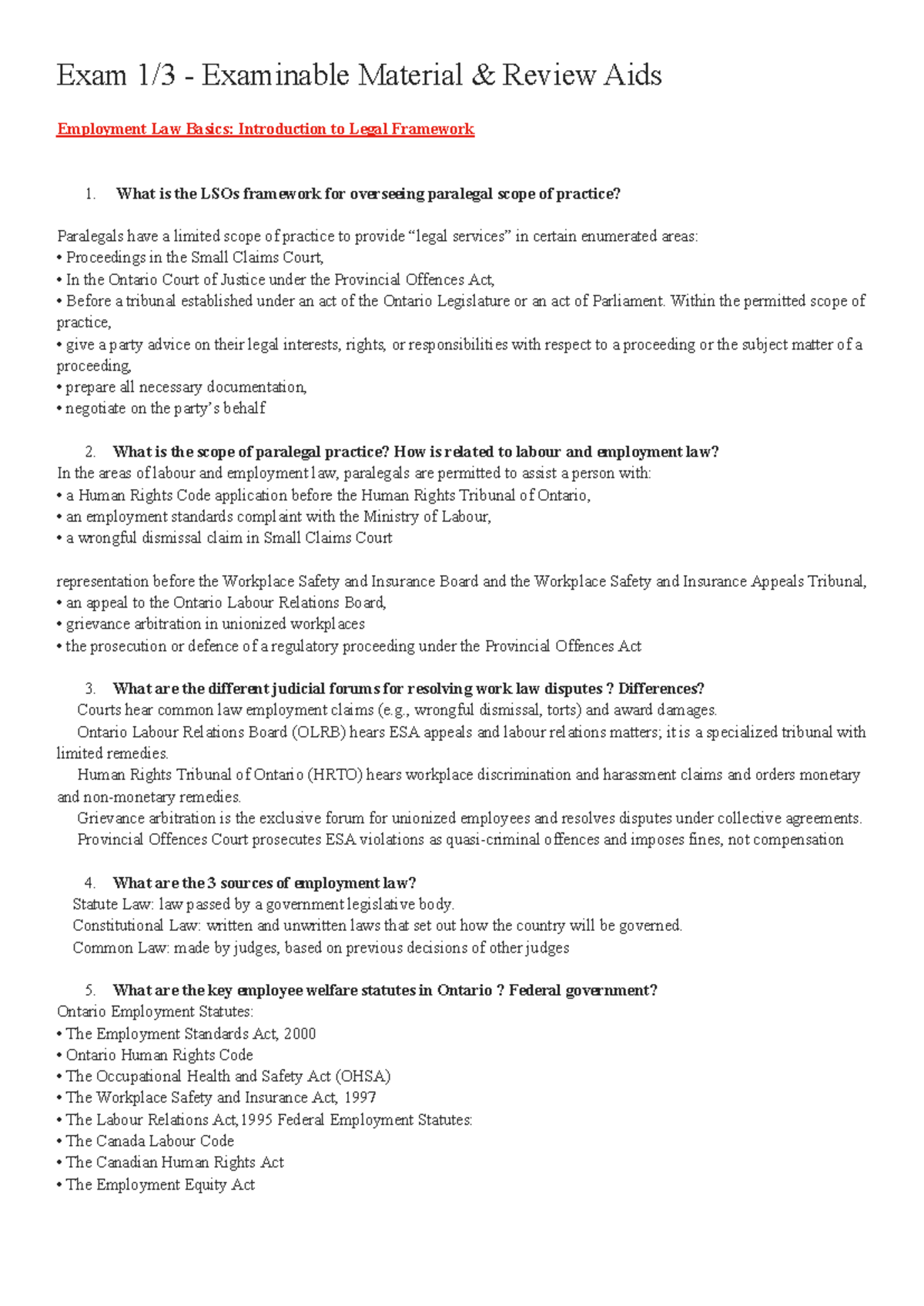 Employment Law Basics: Exam Review Notes (Course Code: LAW101) - Studocu