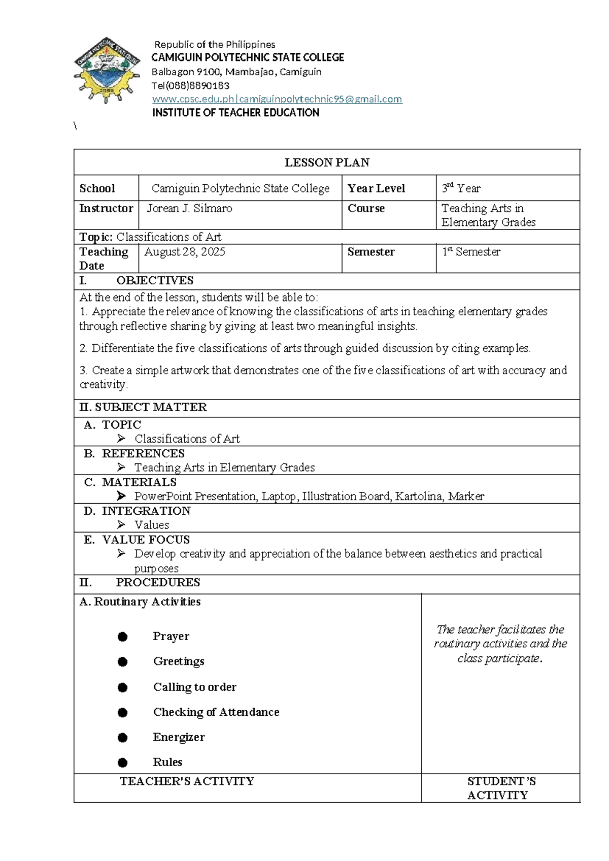 Lesson Plan: Classifications of Art - CPSC 3rd Year Teaching Arts - Studocu