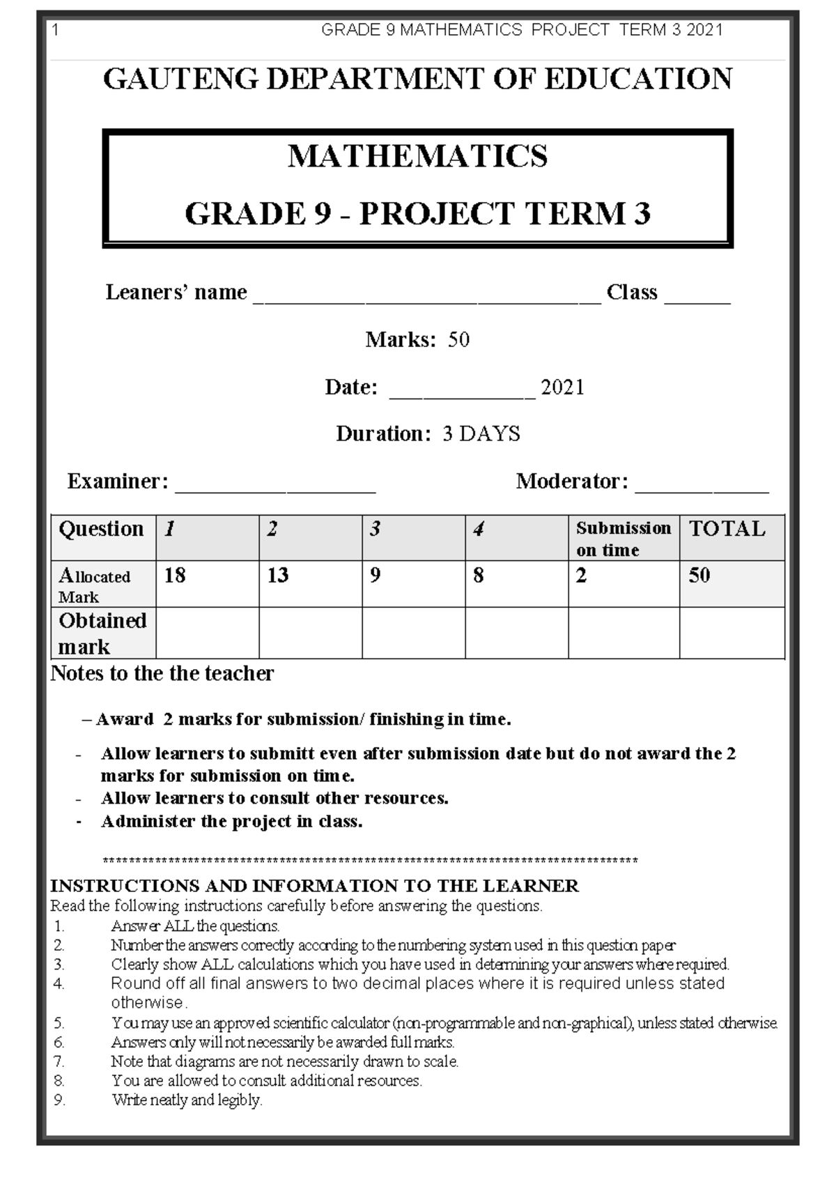 Grade 9 Mathematics Project TERM 3: Housing Community Planning - Studocu