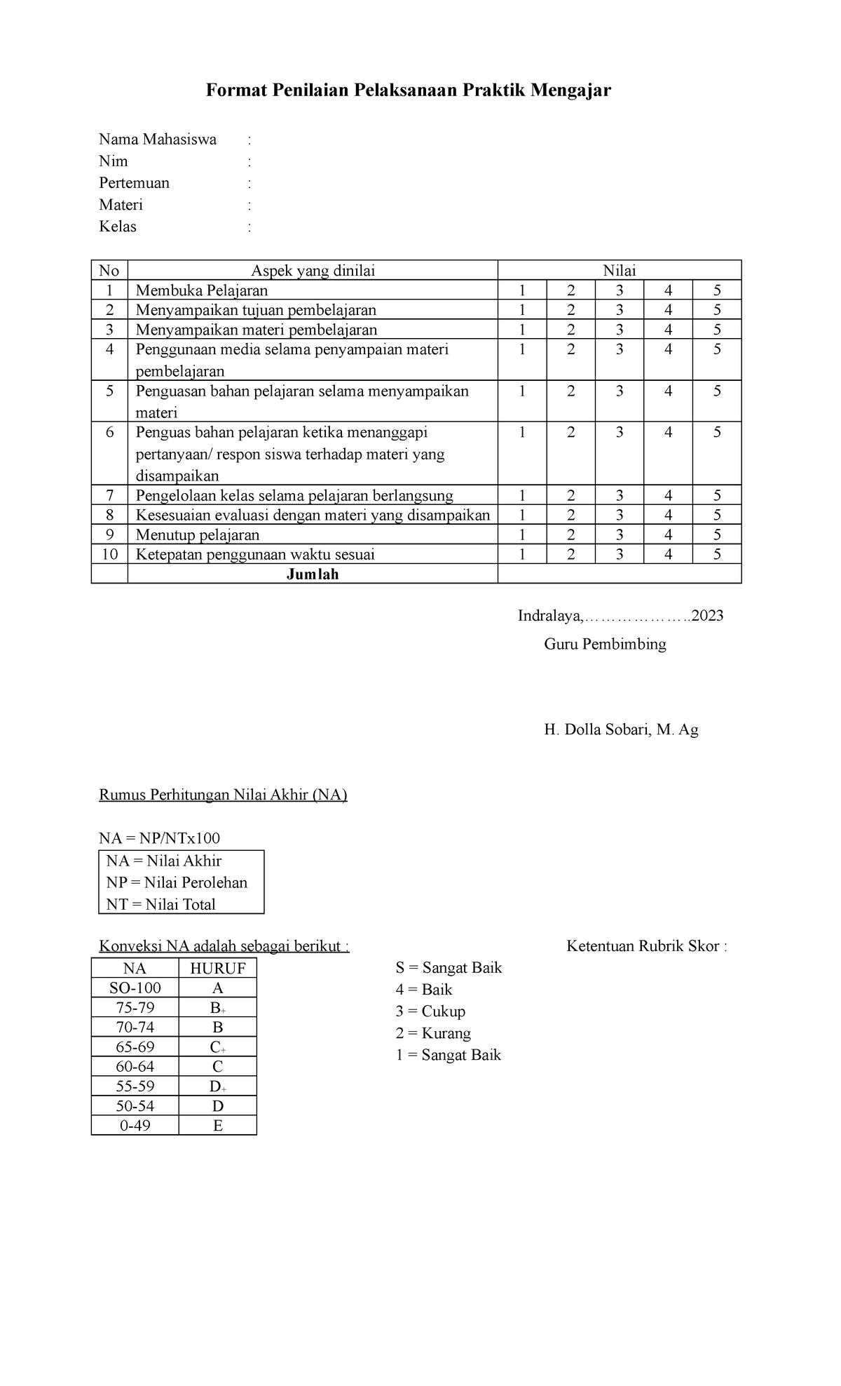 Format Penilaian Praktik Mengajar (Micro Teaching) Akademik - Studocu