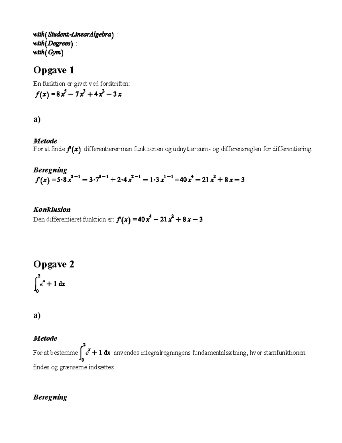Matematik Opgaver: Differentiering, Integration og ...