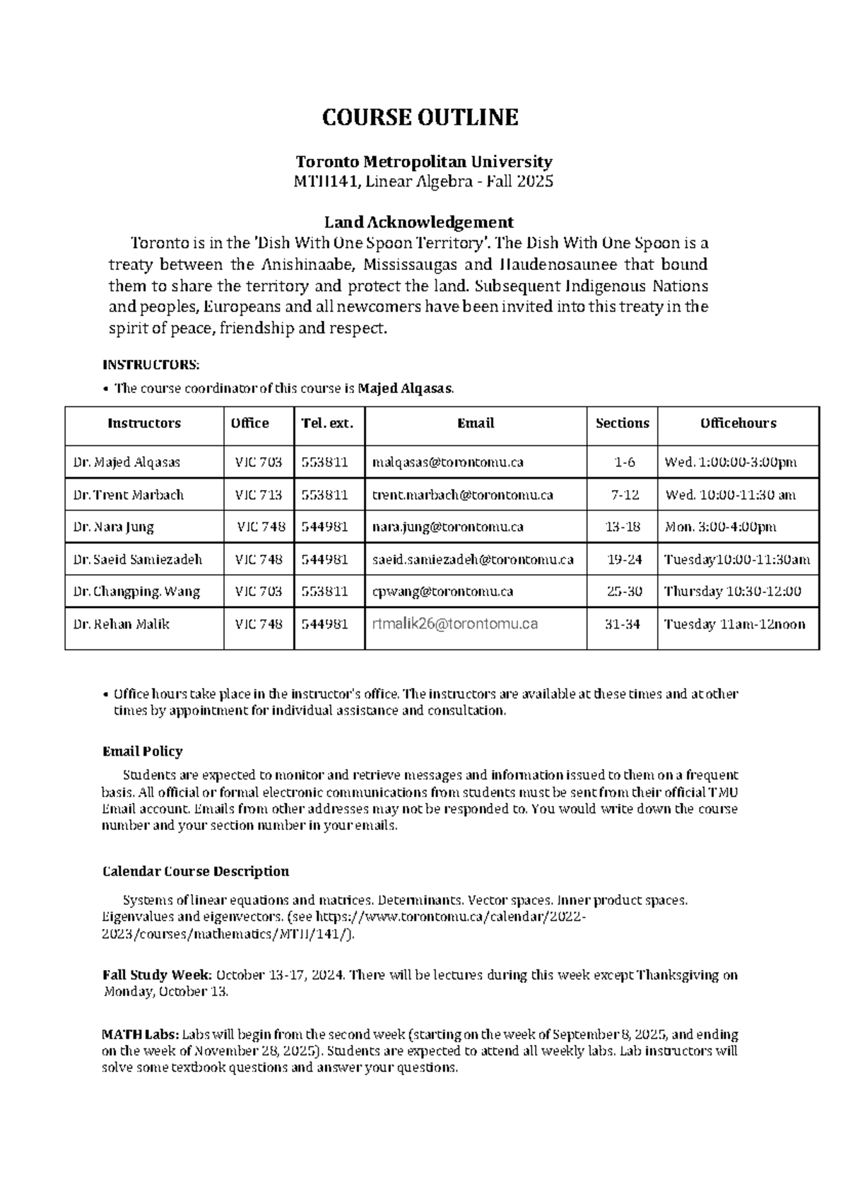 MTH141 Course Outline: Linear Algebra Fall 2025 at TMU - Studocu