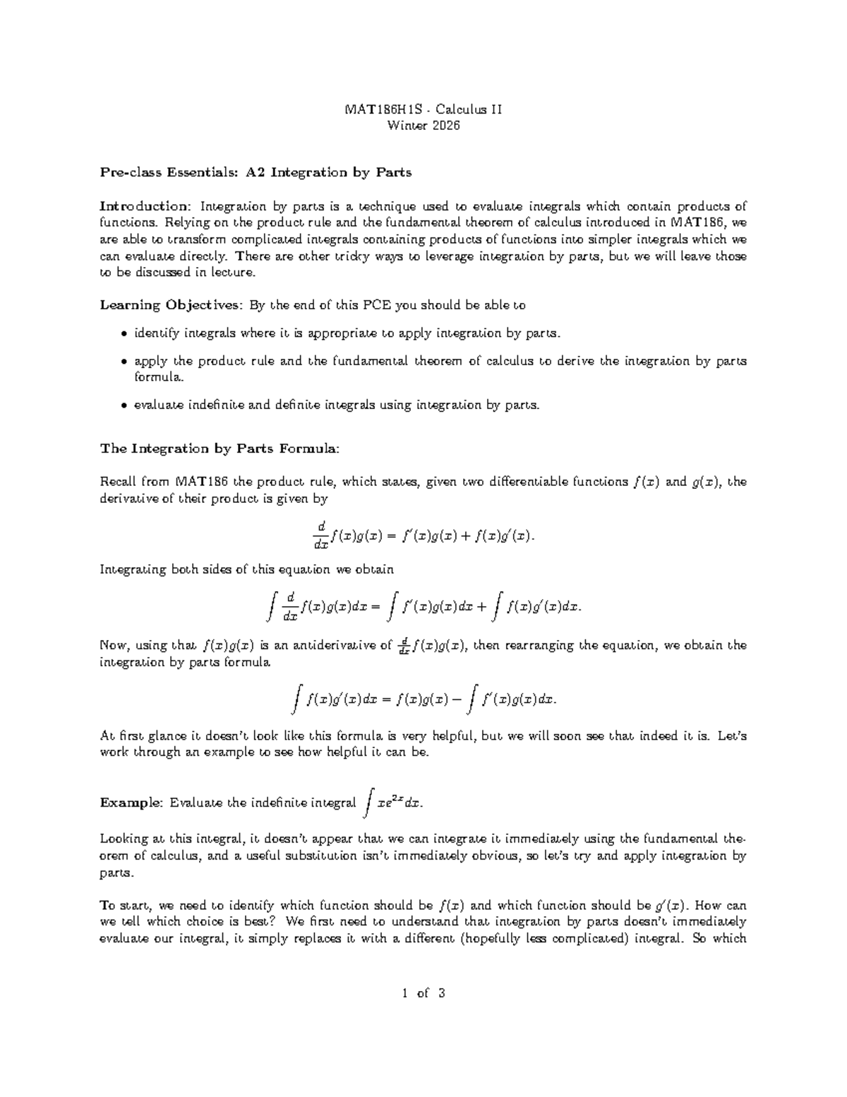 MAT186H1S Calculus II Winter 2026: Integration by Parts Essentials ...