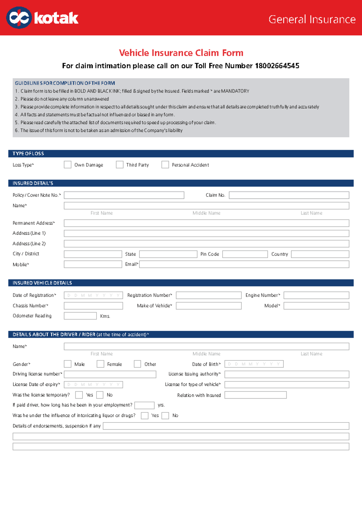 Claim Form for Vehicle Insurance - Kotak - OKBS - Studocu