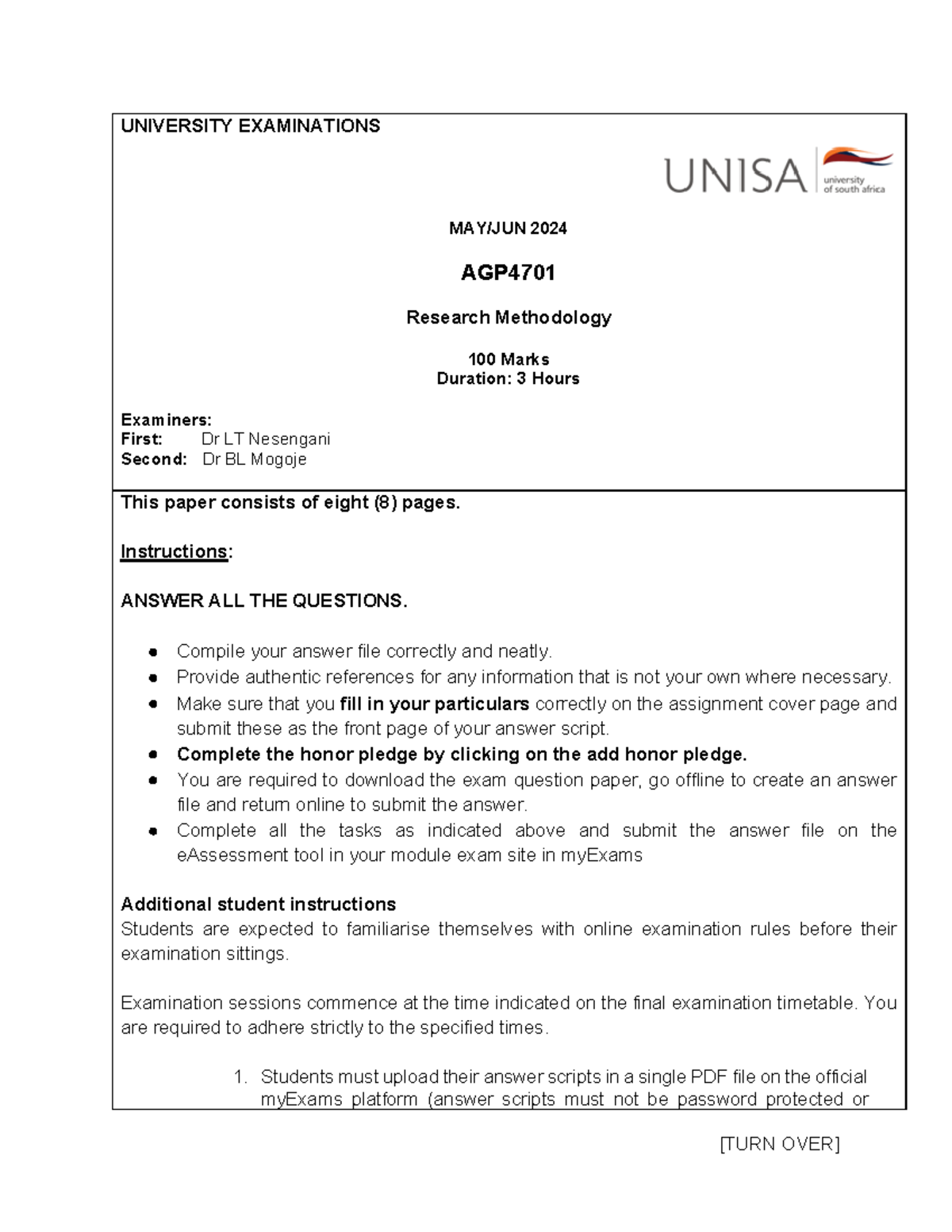 AGP4701 Research Methodology Exam - May/Jun 2024 Overview - Studocu