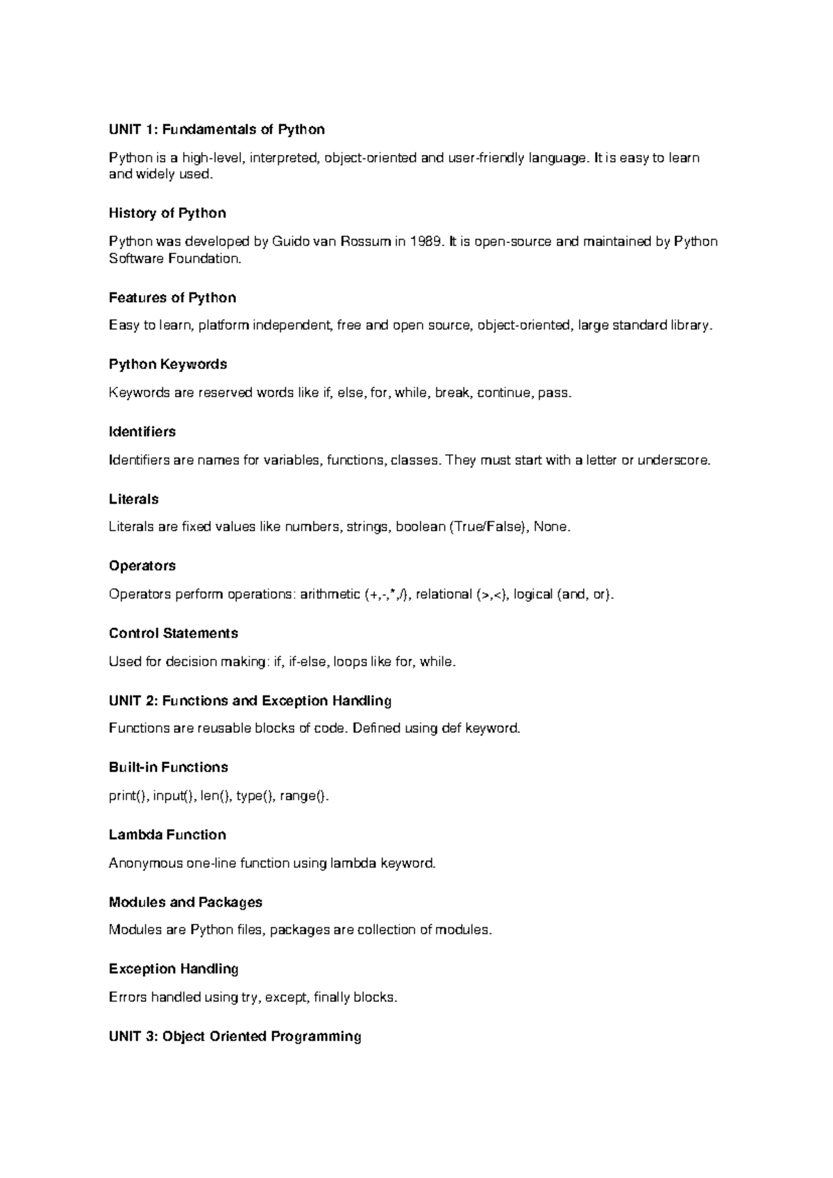 MCA 101: Python Fundamentals and OOP Notes - Studocu
