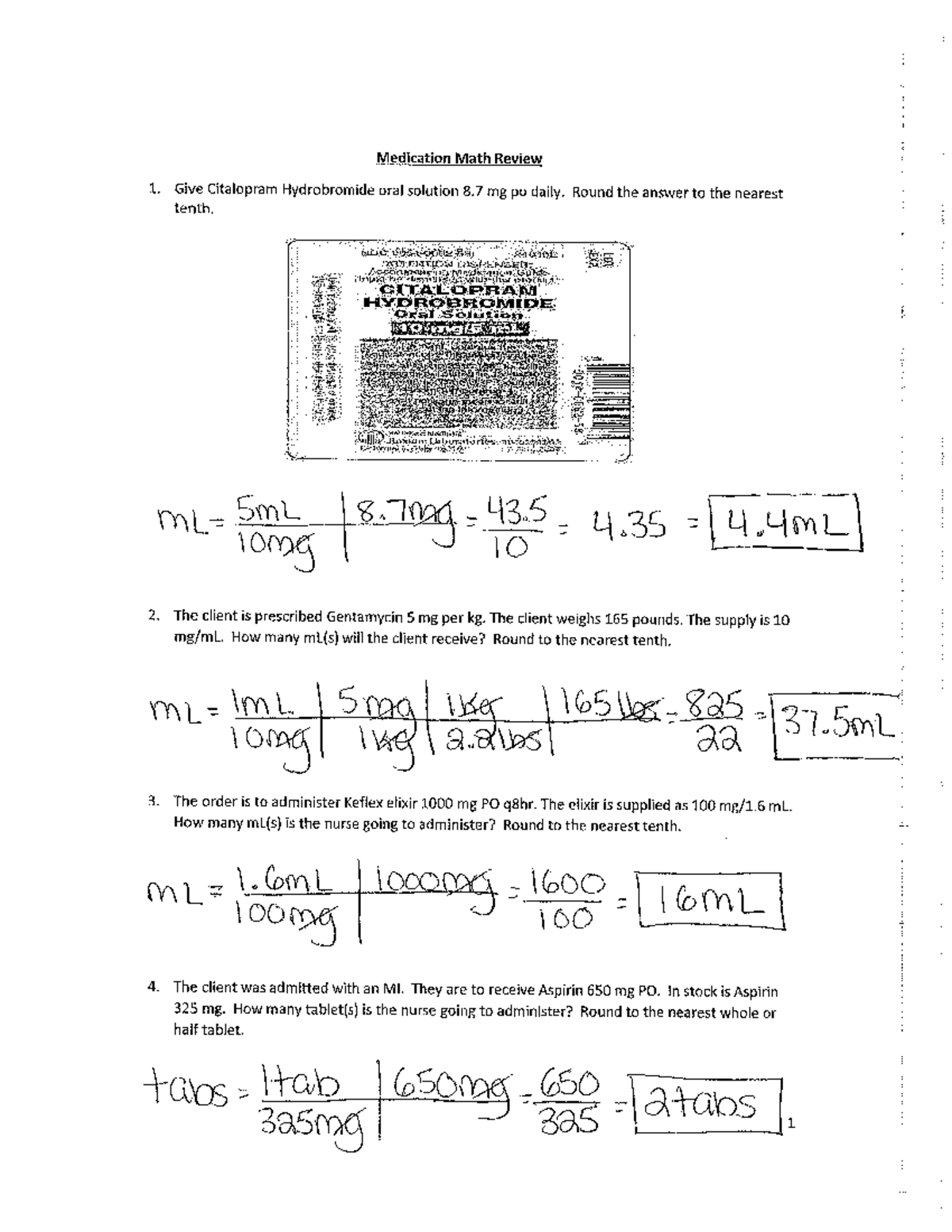 Medication Math Comprehensive Review (Answer Key) for Nursing Students ...