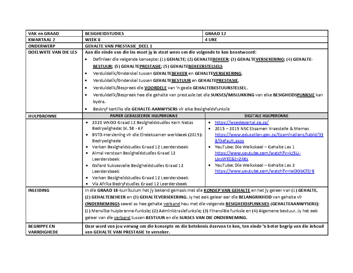 Besigheidstudies Graad 12 Kwartaal 2 Week 6: Gehalte van Prestasie ...