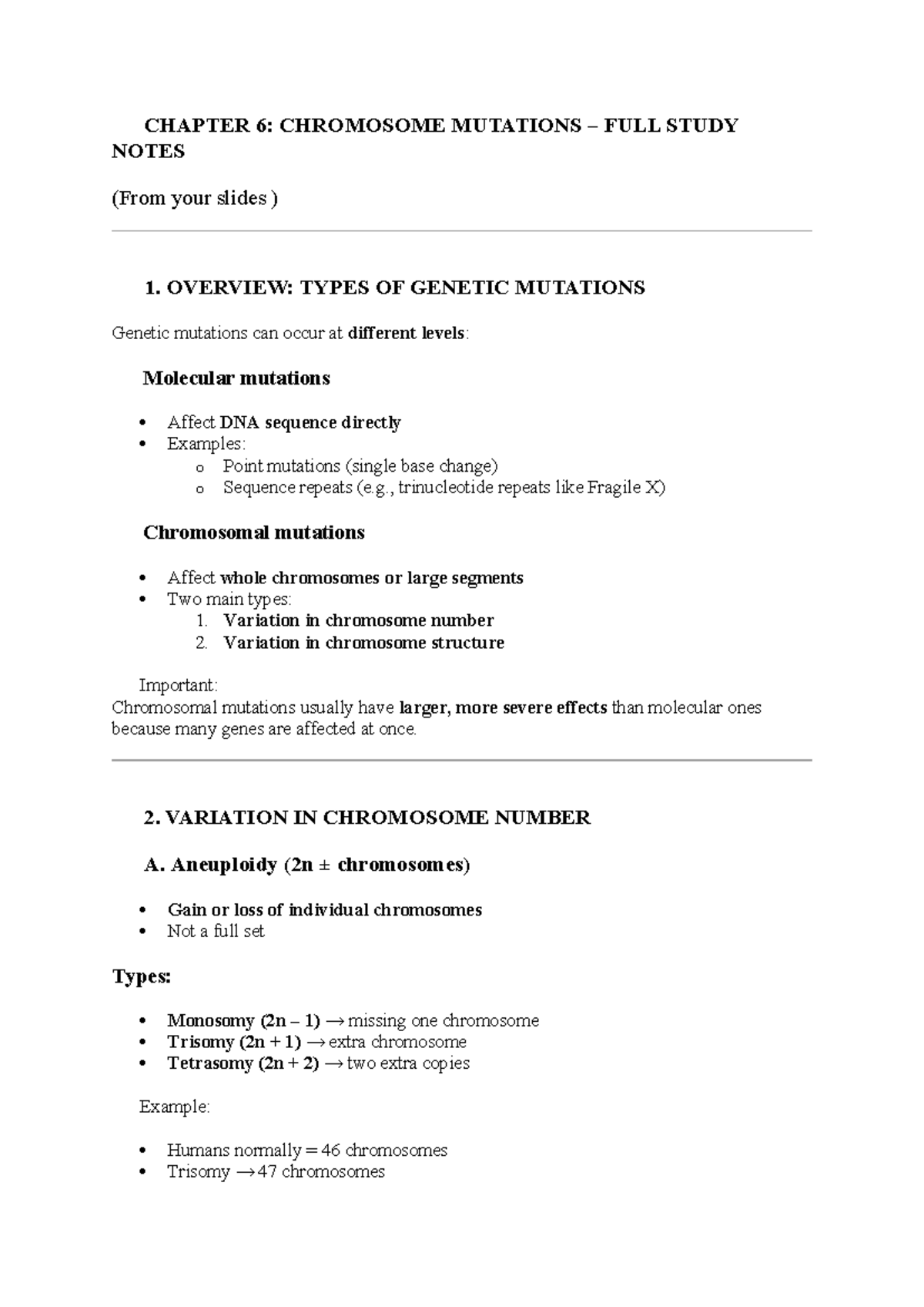 GEN CH 6: Chromosome Mutations Study Notes and Summaries - Studocu