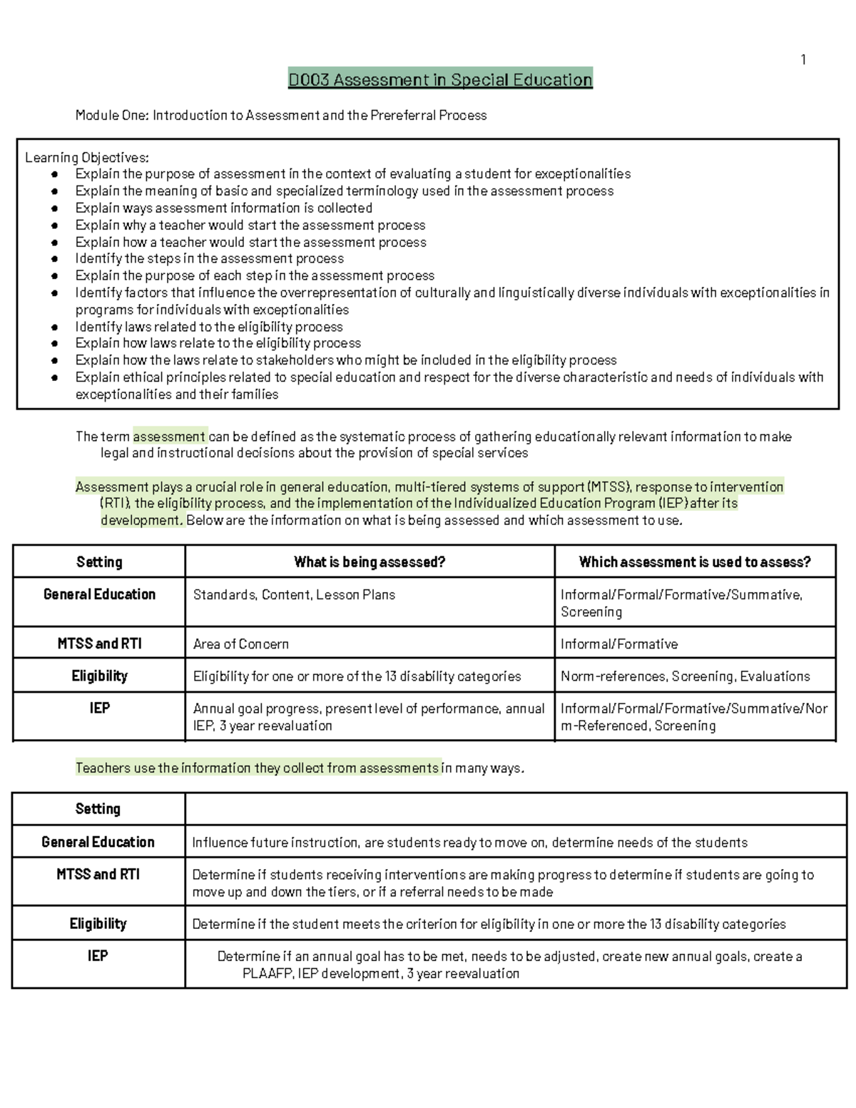 D003 Assessment in Special Education: Key Concepts and Processes - Studocu
