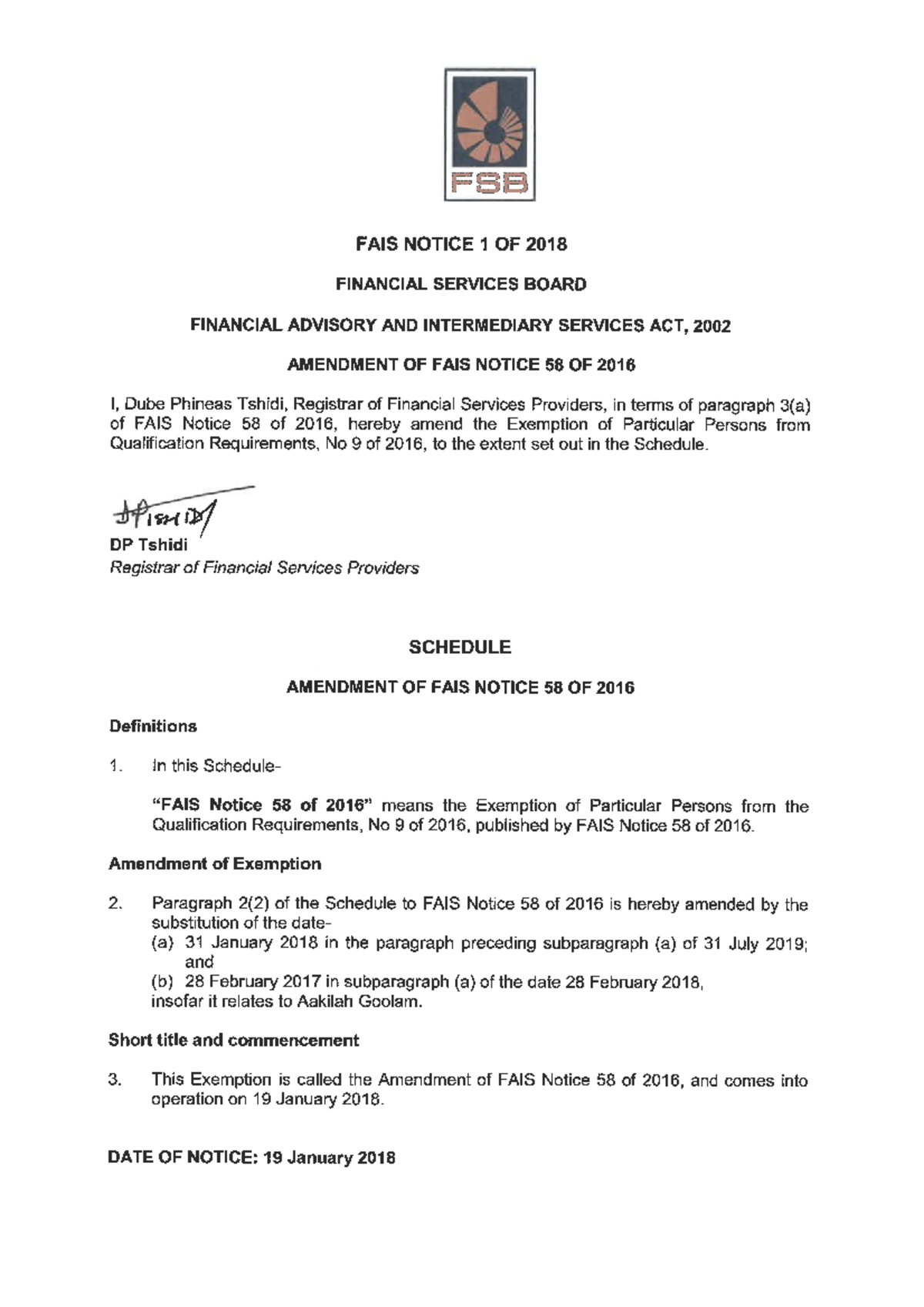FAIS Notice 1 of 2018: Amendment to Exemption of Qualification ...