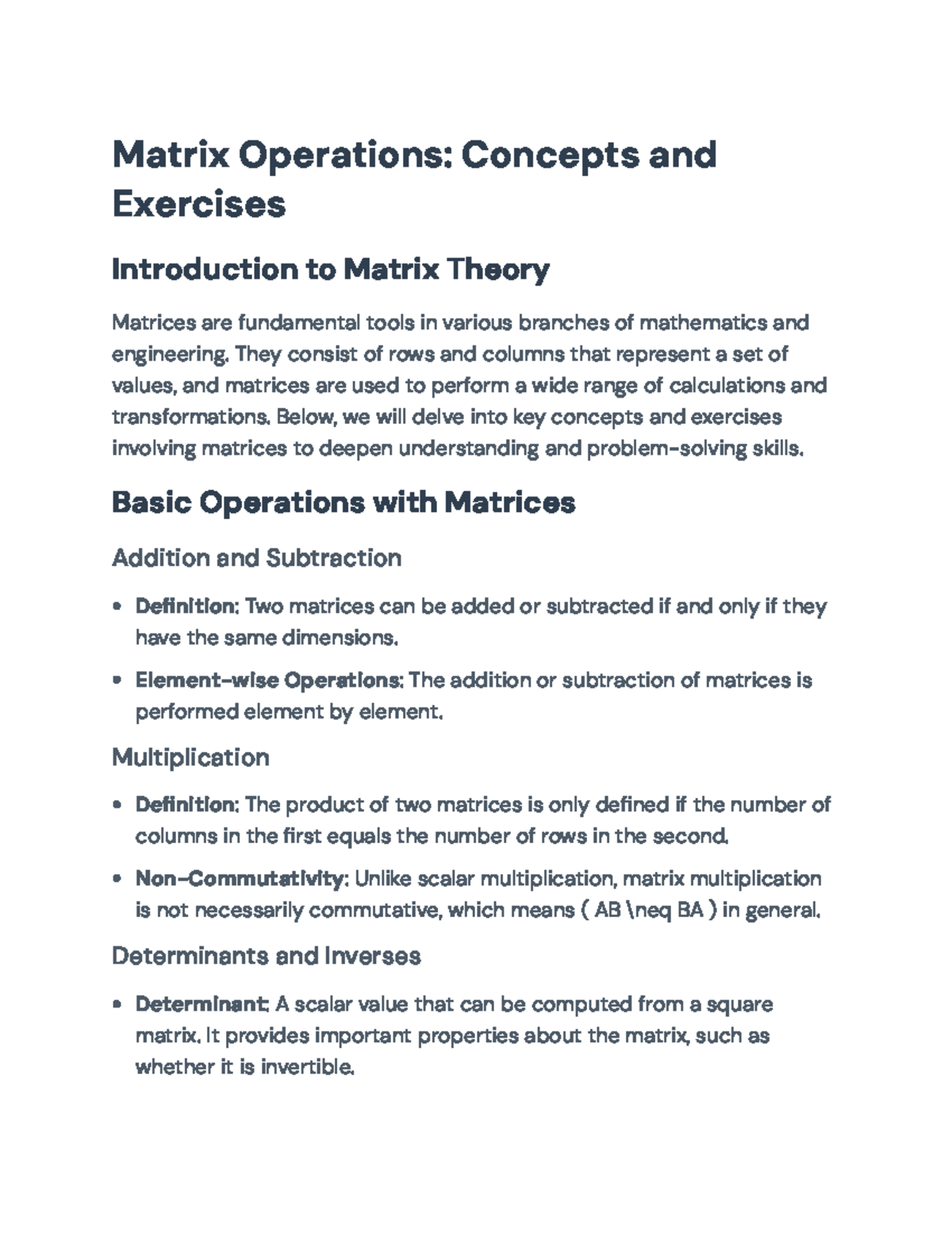 Matrix Operations: Key Concepts & Exercises for Mastery (MATH101) - Studocu