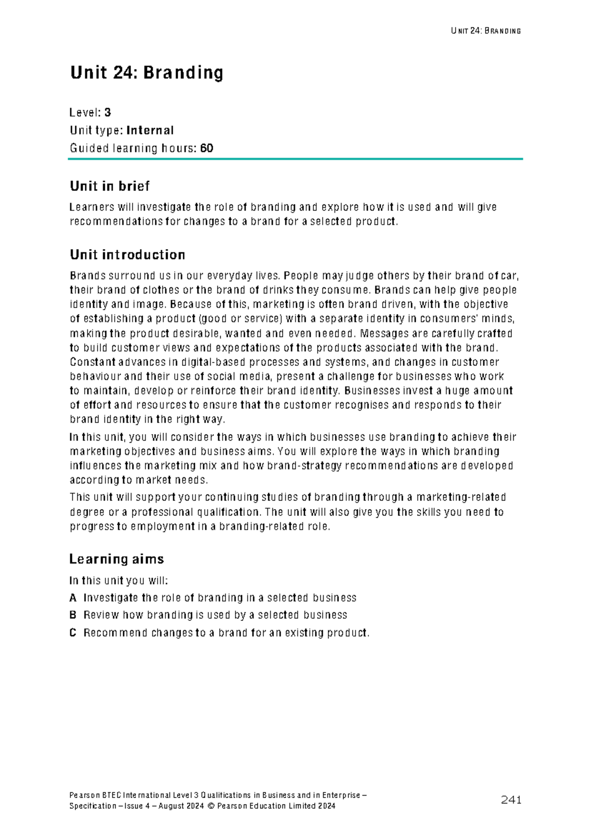 Unit 24: Branding - Internal Guide for Level 3 Business Studies - Studocu